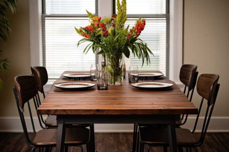 Dining Set-up: Wooden Table, Chairs, and Decorative Centerpiece Stock ...