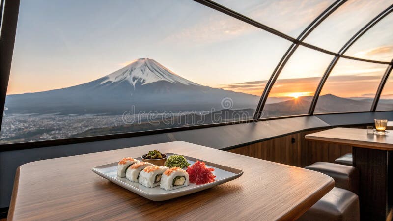 Sunrise Dining Above Mount Fuji with Sushi and Scenic Views Stock ...