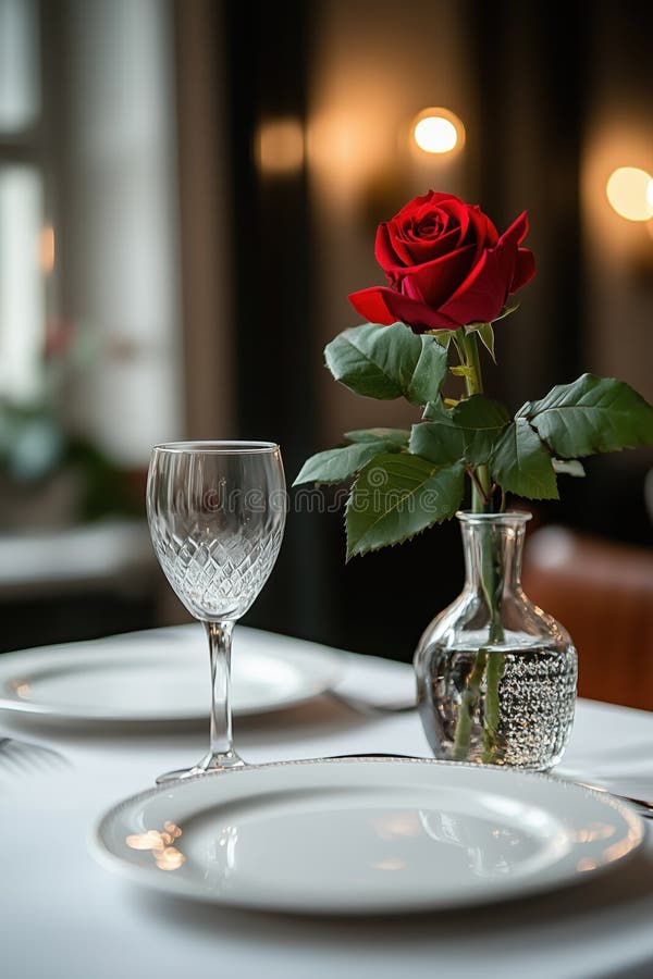Dining Setup with a Single Red Rose As the Centerpiece, Perfect for ...