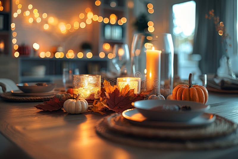 Dining Table with Autumn Decorations Including Pumpkins Candles and ...