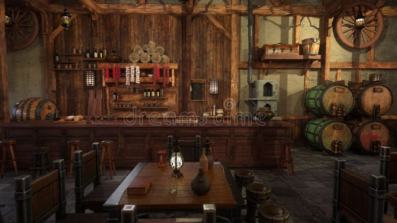Dining Table and Bar in an Old Medieval Tavern Inn. 3D Rendered ...