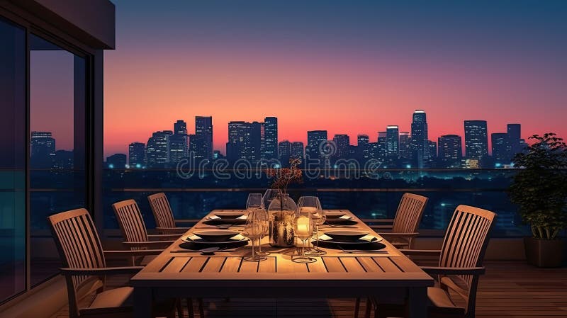 Dining Table with Beautiful City View on Rooftop at Twilight Scene ...