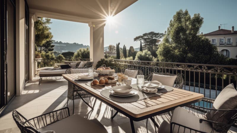 Dining Table and Chairs on a Balcony Overlooking a Pool Stock ...