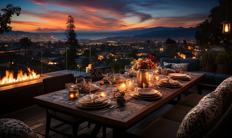 Dining Table with City View and Candles Stock Photo - Image of ...