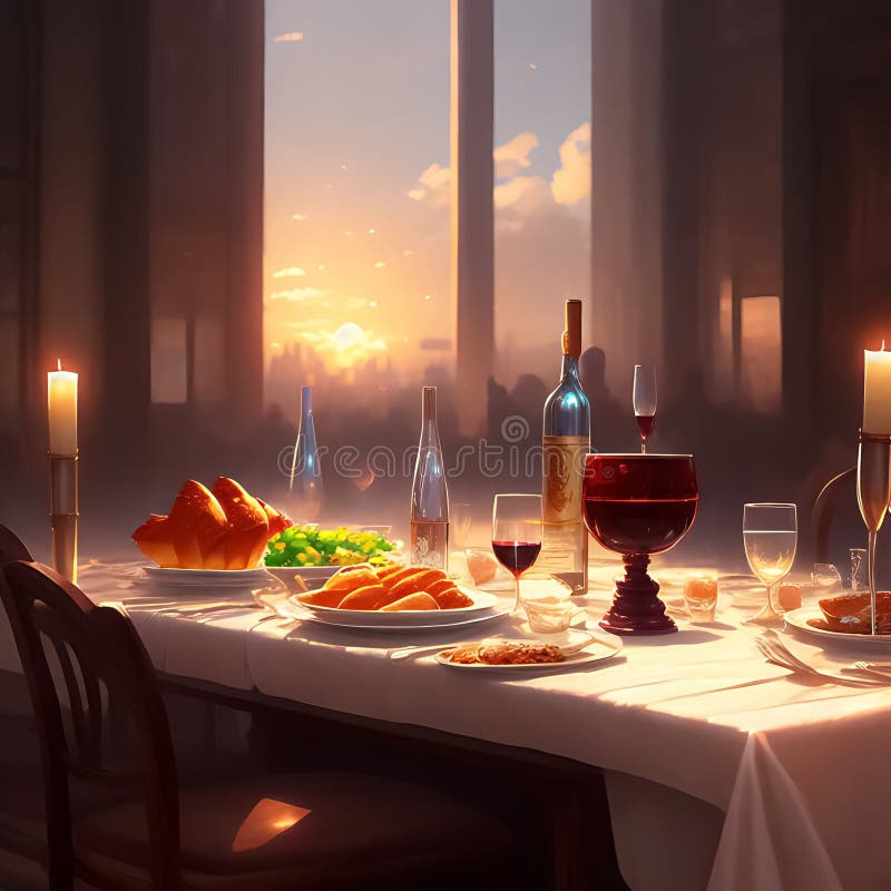 A dining table at sunset stock illustration. Illustration of dining ...