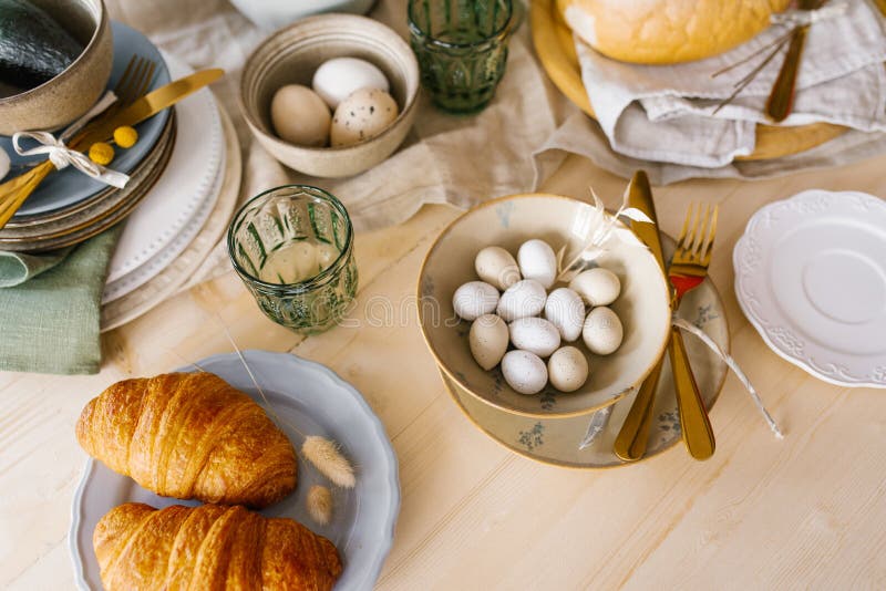 Dining Table with Easter Breakfast Set. Eggs, Pastries Stock Photo ...