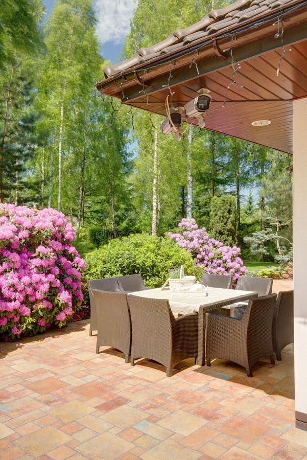 Dining table in the garden stock photo. Image of patio - 56425684