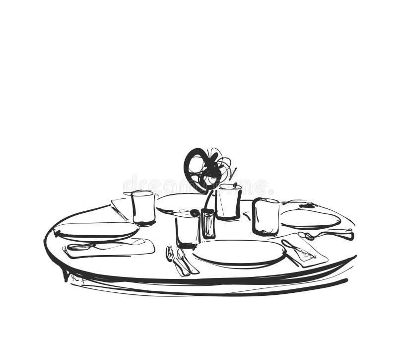 Dining Table with Glasses of Wine and Flower, Hand Drawn Sketch Stock ...