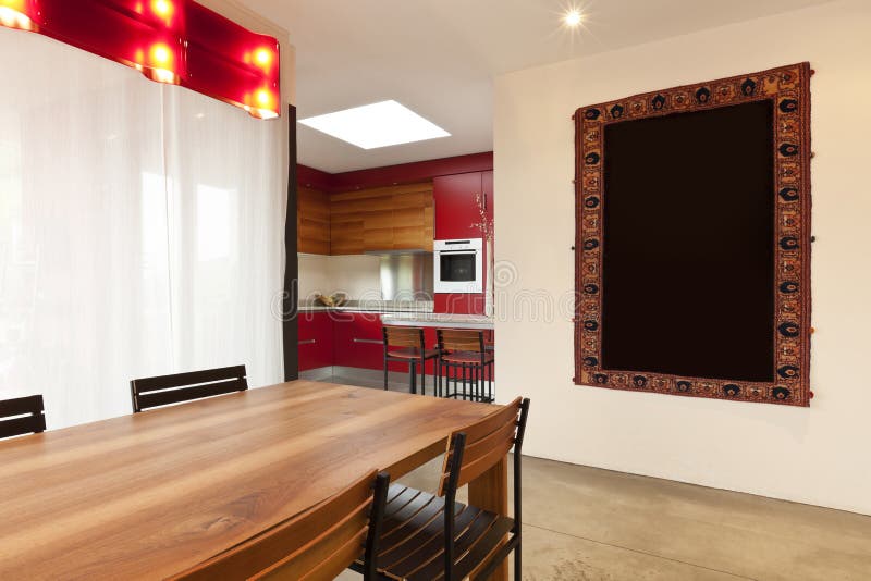 Dining Table, Kitchen in Background Stock Image - Image of chandelier ...