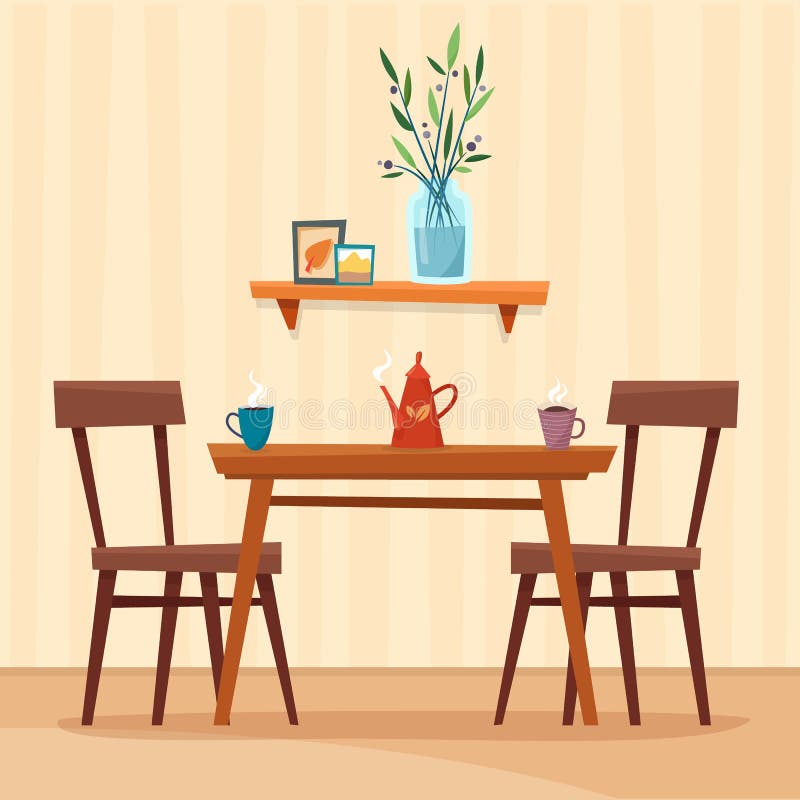 Dining Table in Kitchen with Chairs, Cups and Teapot. Stock Vector ...