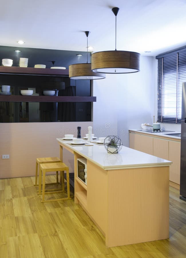 Dining Table and Kitchen Room with Ceiling Lamp Stock Image - Image of ...