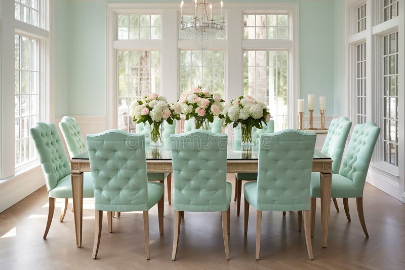 Dining Table with Mint-Colored Chairs and Flowering Plants. Generative ...