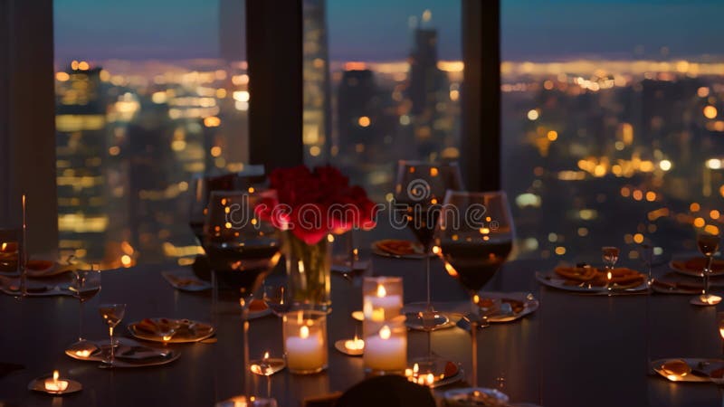 Dining Table Overlooking Nighttime Cityscape, an Intimate, Candlelit ...