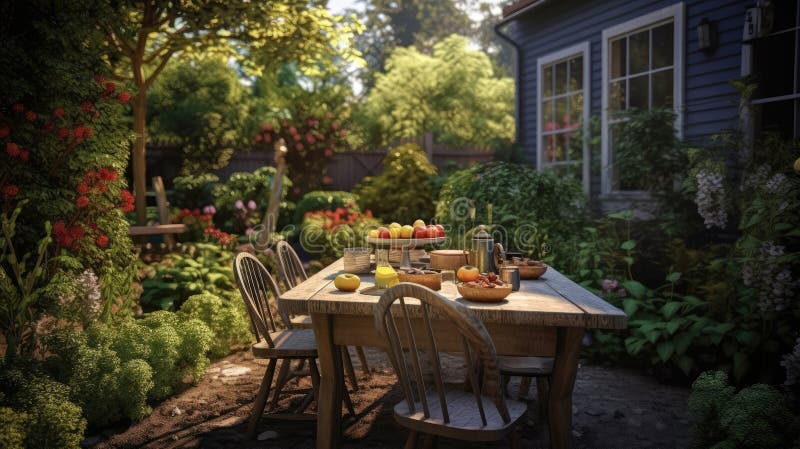Dining Table with Place Setting in Backyard Greenhouse. Empty Back Yard ...