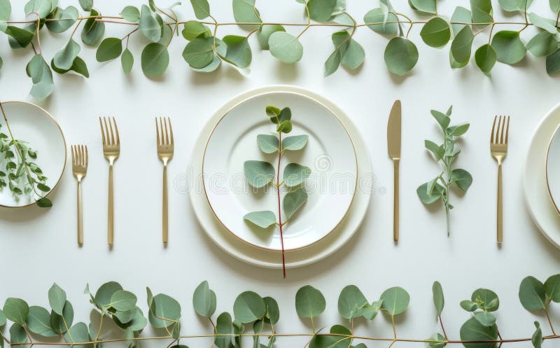 A Dining Table with Place Setting and Eucalyptus Tree Leaf Stock Image ...