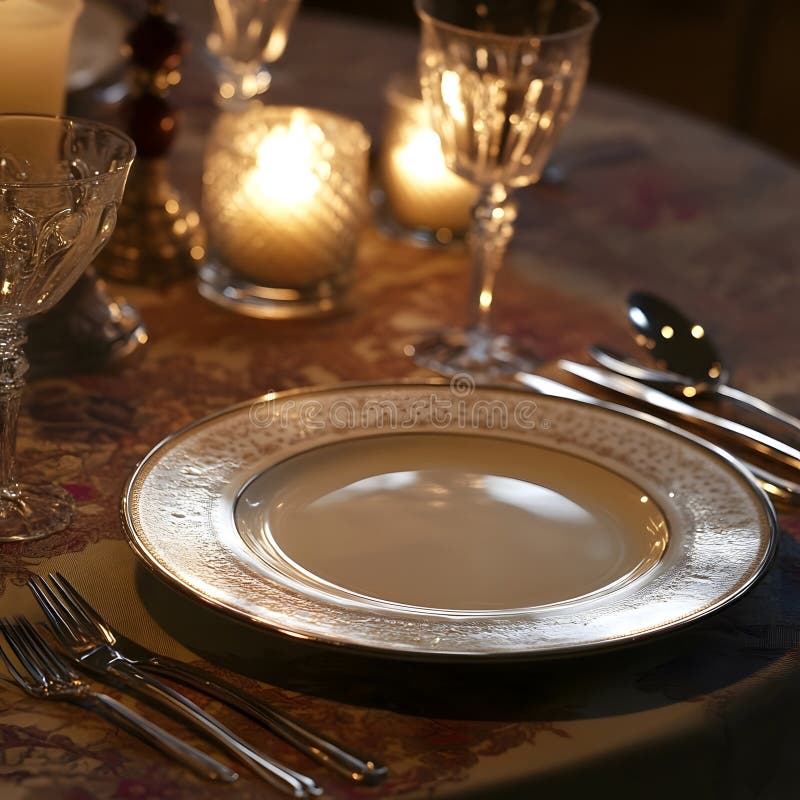 Dining Table Plate and Glasses Lunch Plate with Candles Stock Illustration - Illustration of ...