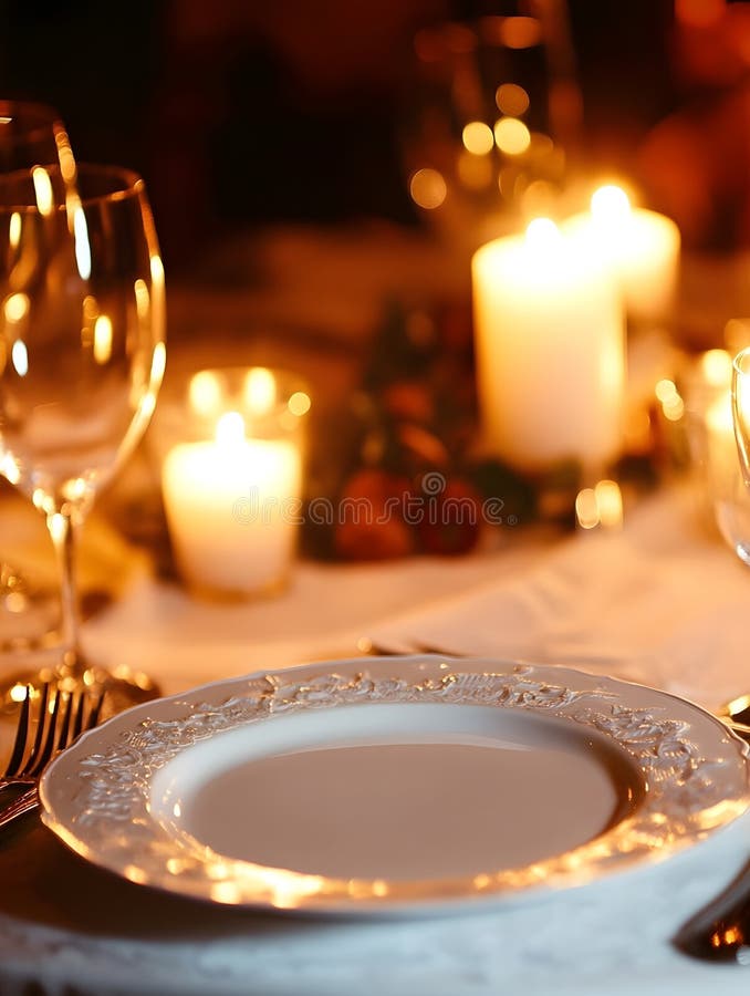 Dining Table Plate and Glasses Lunch Plate with Candles Stock ...