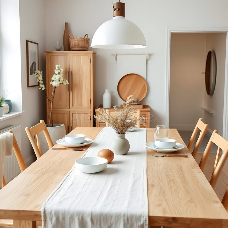 A Dining Table with a Scandinavian Aesthetic Featuring Light Wood ...