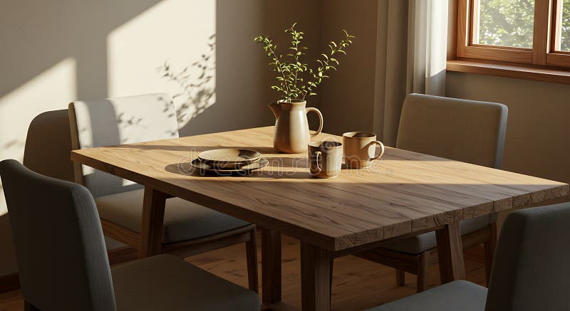 Dining Table Scene with Warm Light, Plates, Mugs, and Natural Elements ...