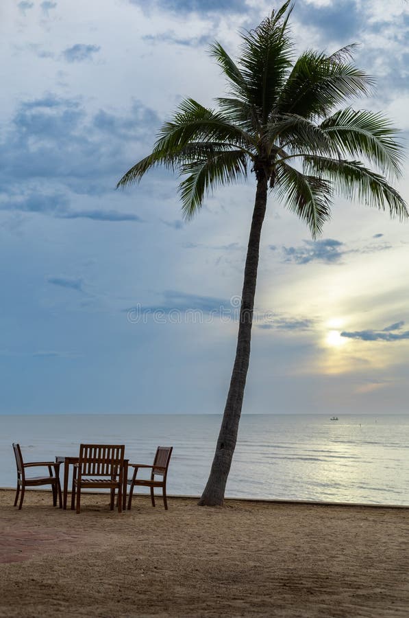 Dining Table Sea View on Sand Beach with Sunset Stock Photo - Image of ...