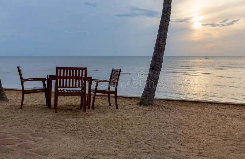 Dining Table Sea View on Sand Beach with Sunset Stock Photo - Image of ...