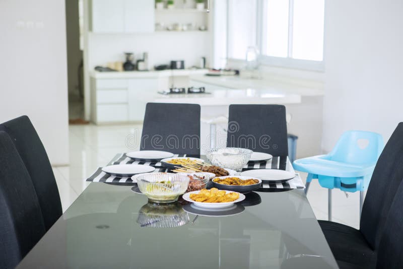 Dining Table Served with Various Foods Stock Image - Image of salad ...