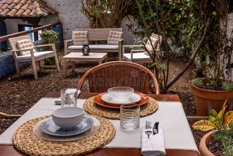 Dining Table Set in a Cafe Outdoors Stock Photo - Image of lantern ...
