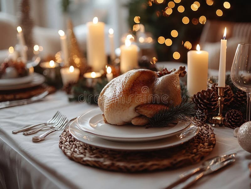 Dining Table, Set for Christmas Dinner, Roasted Turkey, Candles Stock ...