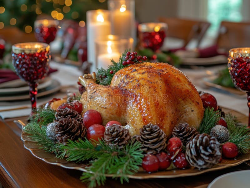 Dining Table, Set for Christmas Dinner, Roasted Turkey, Candles Stock ...