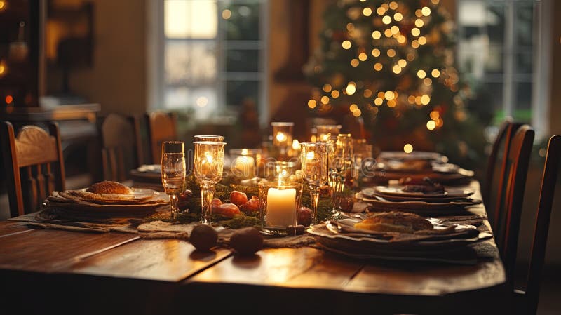 Dining Table Set for a Family Dinner with Candles.. Stock Photo - Image ...
