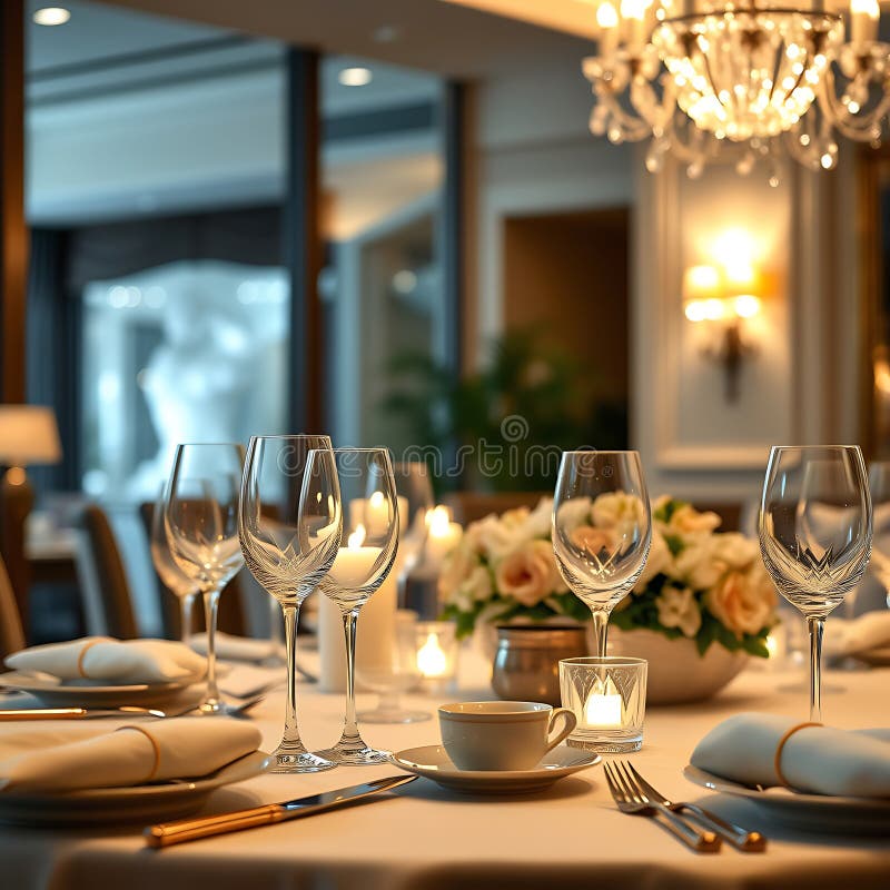 A Dining Table Set with Fine China and Sparkling Crystal Glasses in an ...