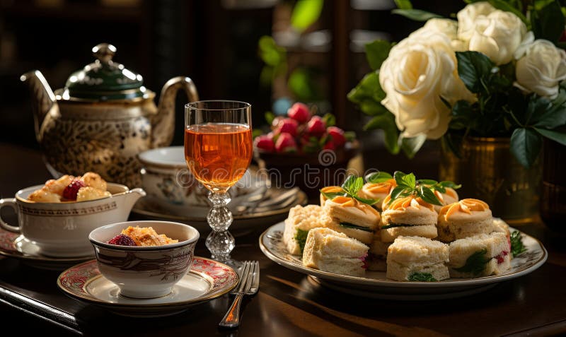 Dining Table Set with Food and Tea Stock Image - Image of cups, cuisine ...