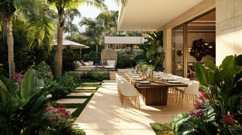 A Dining Table Set in a Garden with Palm Trees Stock Illustration ...