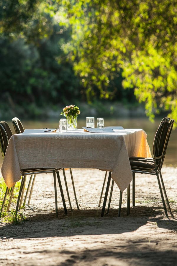 Dining Table Set for Lunch in a Forest by the River Stock Image - Image ...
