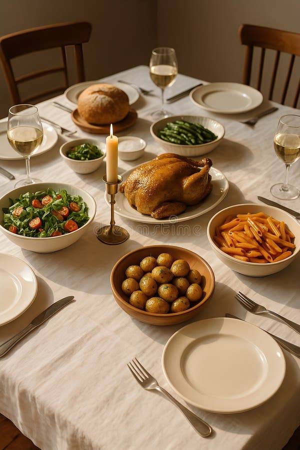 Dining Table Set with Pasta, Chicken, and Vegetables Stock Image ...