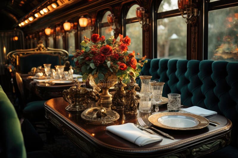 A Dining Table, Dining Set and Velvet Seats in Train in the Style of ...