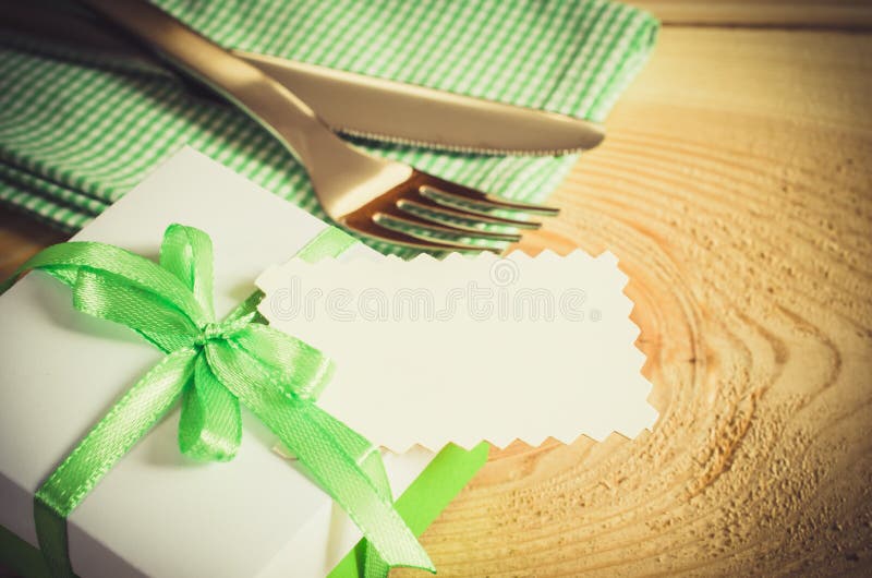 Dining Table Setting. Cutlery with Empty Tag and Present. Stock Image ...