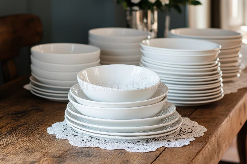 Dining Table Setting with Stacked White Dishes Home Interior Kitchen ...