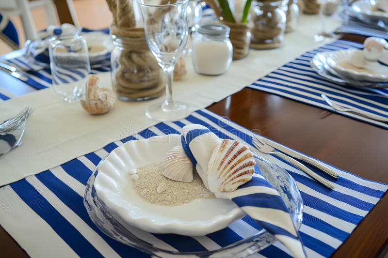 A Dining Table Setup with Nautical Themed Decor Including Striped Place ...