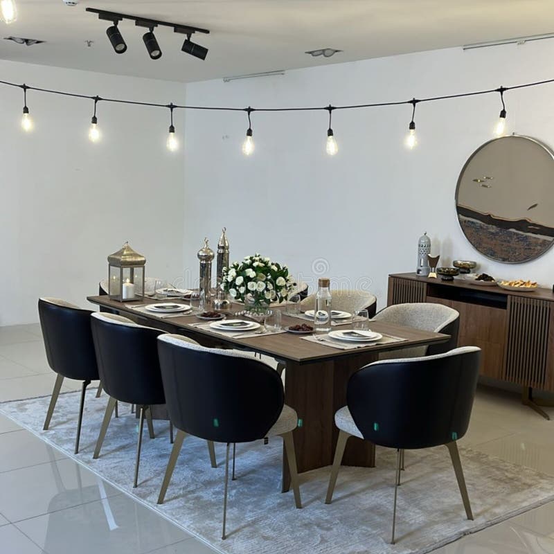 Dining Table with Six Chairs with Light Stock Photo - Image of table ...