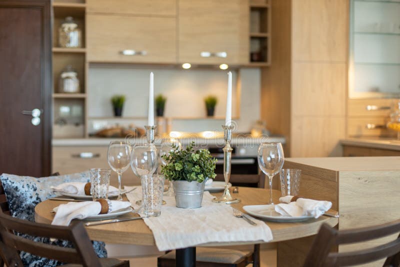 Dining Table with Table Set in Modern Dining Room. Table Served for ...