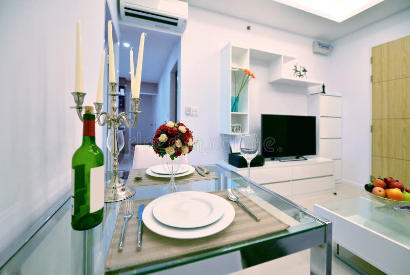 Dining Table with Table Set in Modern Home, Interior Design Stock Photo ...