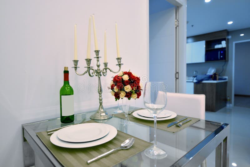 Dining Table with Table Set in Modern Home, Interior Design Stock Photo ...