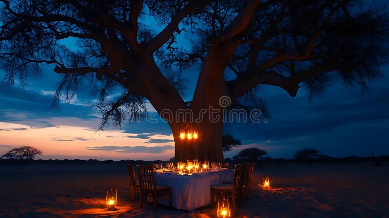 Enchanting Dining Experience Under Baobab Tree at Sunset in Luxurious ...