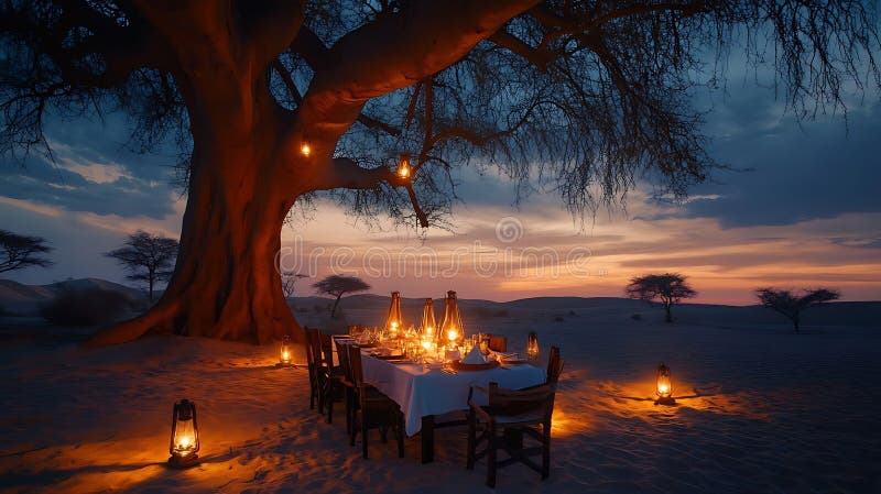 Enchanting Dining Experience Under Baobab Tree at Sunset in Luxurious ...