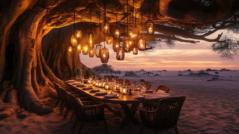 Enchanting Dining Experience Under Baobab Tree at Sunset in Luxurious ...