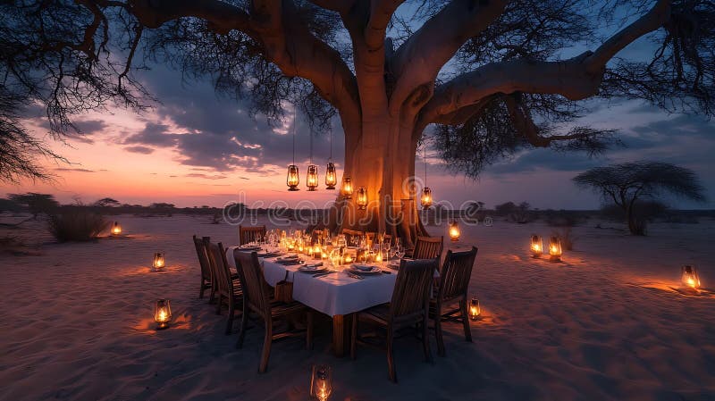 Enchanting Dining Experience Under Baobab Tree at Sunset in Luxurious ...