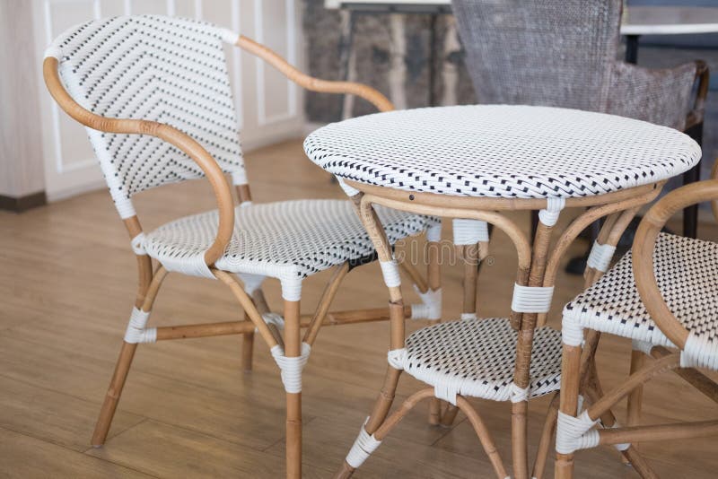 Dining Table Weaved Straw Chairs in Restaurant Stock Image - Image of ...