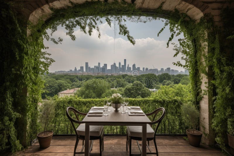 Dining on Terrace, Surrounded by Greenery and a View of the City ...