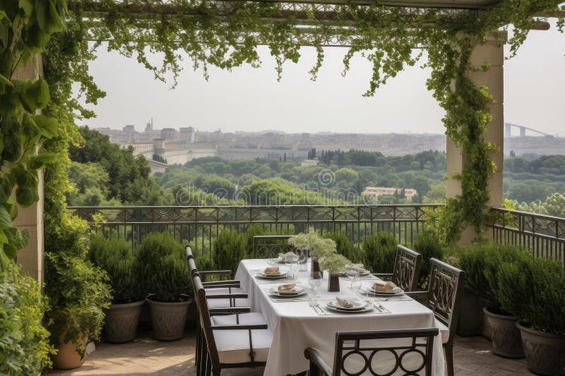 Dining on Terrace, Surrounded by Greenery and a View of the City ...